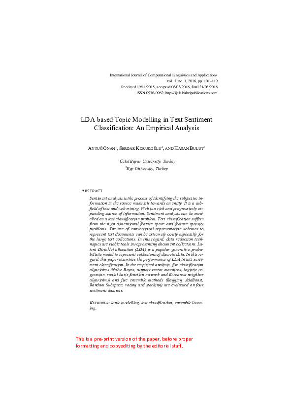 Pdf Lda Based Topic Modelling In Text Sentiment Classification An Empirical Analysis