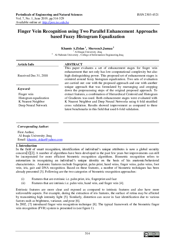 Pdf Finger Vein Recognition Using Two Parallel Enhancement Ppproachs Based Fuzzy Histogram