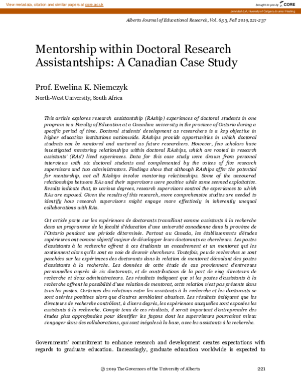 (PDF) Mentorship within Doctoral Research Assistantships: A Canadian Case Study