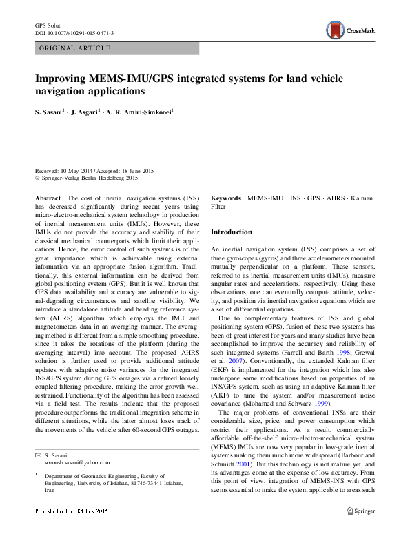 Pdf Improving Mems Imugps Integrated Systems For Land Vehicle Navigation Applications 