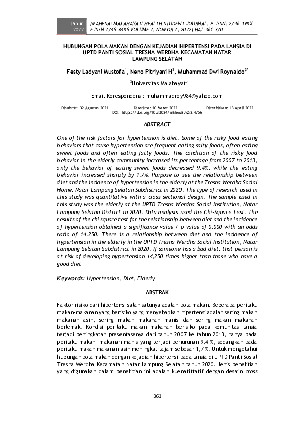 (PDF) Hubungan Pola Makan Dengan Kejadian Hipertensi Pada Lansia Di UPTD Panti Sosial Tresna ...