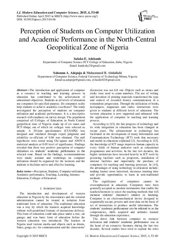 (PDF) Perception of Students on Computer Utilization and Academic Performance in the North ...