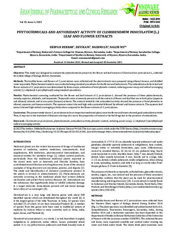 (PDF) Phytochemicals and Antioxidant Activity of Clerodendrum Paniculatum (L.) Leaf and Flower ...