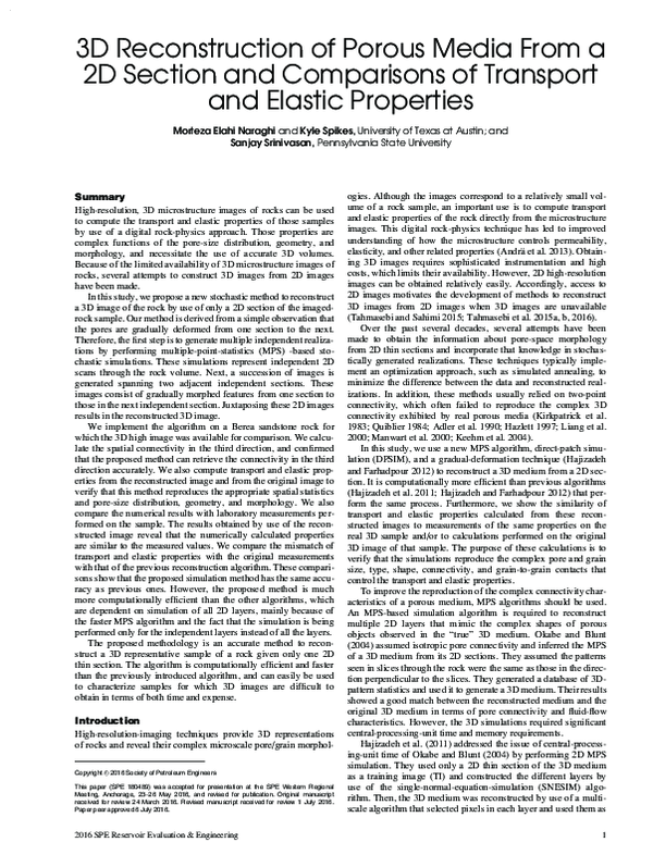 (PDF) 3D Reconstruction of Porous Media From a 2D Section and Comparisons of Transport and ...