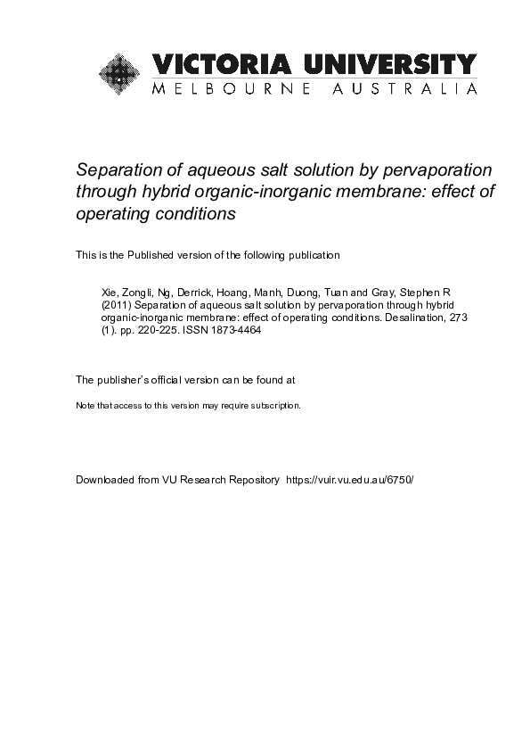 (PDF) Separation of aqueous salt solution by pervaporation through hybrid organic–inorganic ...