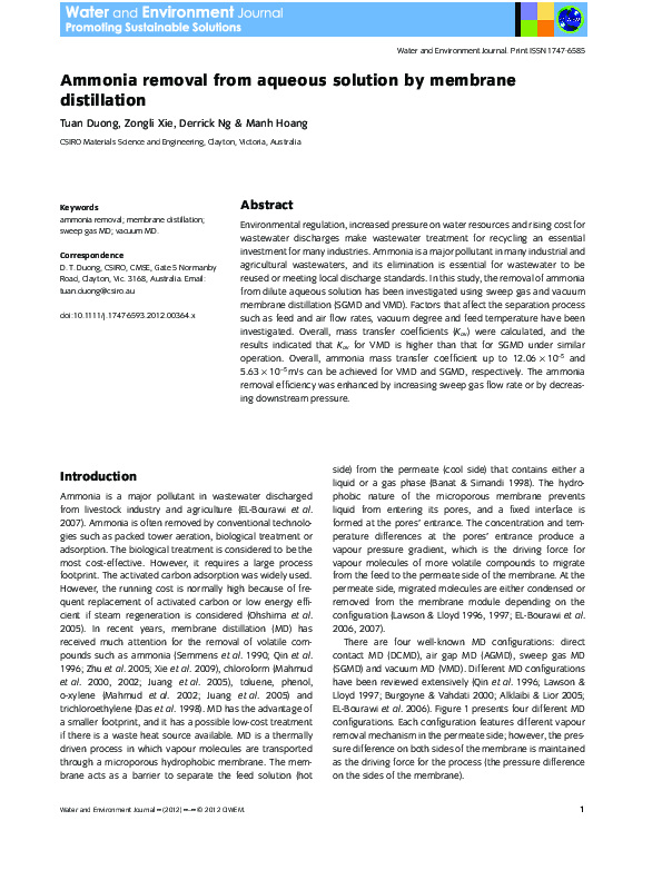 (PDF) Ammonia removal from aqueous solution by membrane distillation