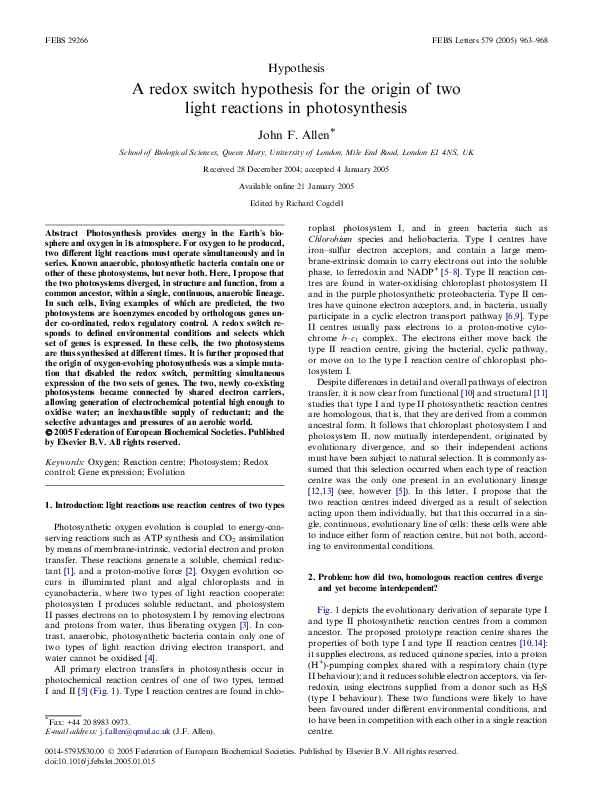 (PDF) A redox switch hypothesis for the origin of two light reactions ...