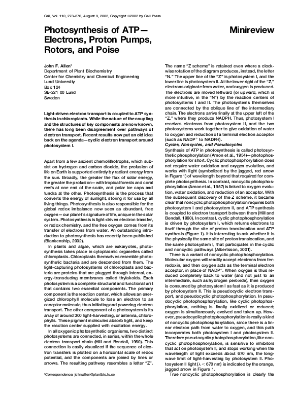 (PDF) Photosynthesis of ATP—Electrons, Proton Pumps, Rotors, and Poise