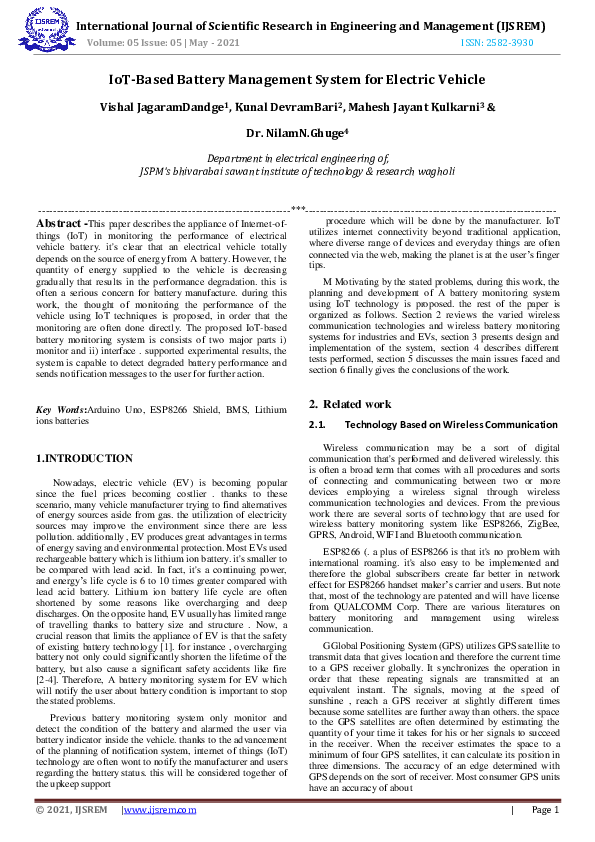 (PDF) IoT Based Battery Management System for Electric Vehicles