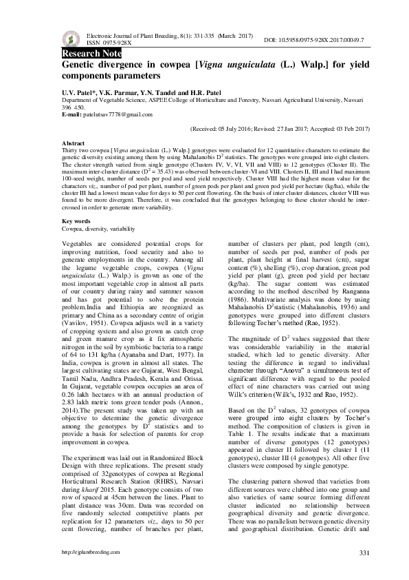 (PDF) Genetic divergence in cowpea [Vigna unguiculata (L.) Walp.] for yield components parameters