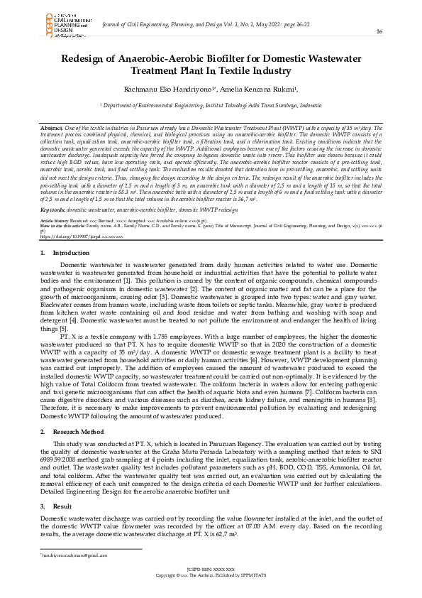 (PDF) Redesign of Anaerobic-Aerobic Biofilter for Domestic Wastewater ...