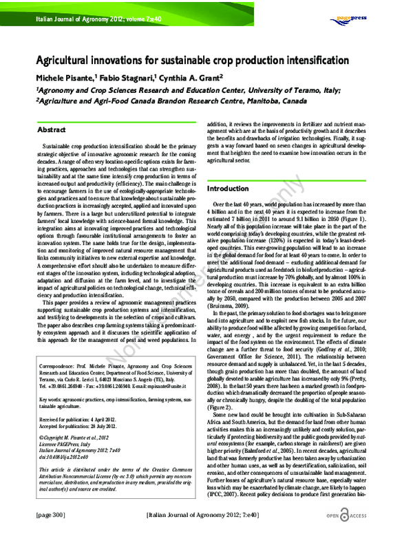 (PDF) Agricultural innovations for sustainable crop production ...