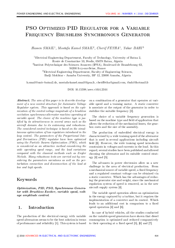 (PDF) PSO Optimized PID Regulator for a Variable Frequency Brushless Synchronous Generator
