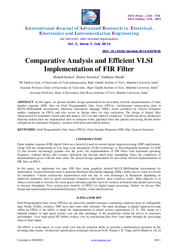 Pdf Comparative Analysis And Efficient Vlsi Implementation Of Fir Filter