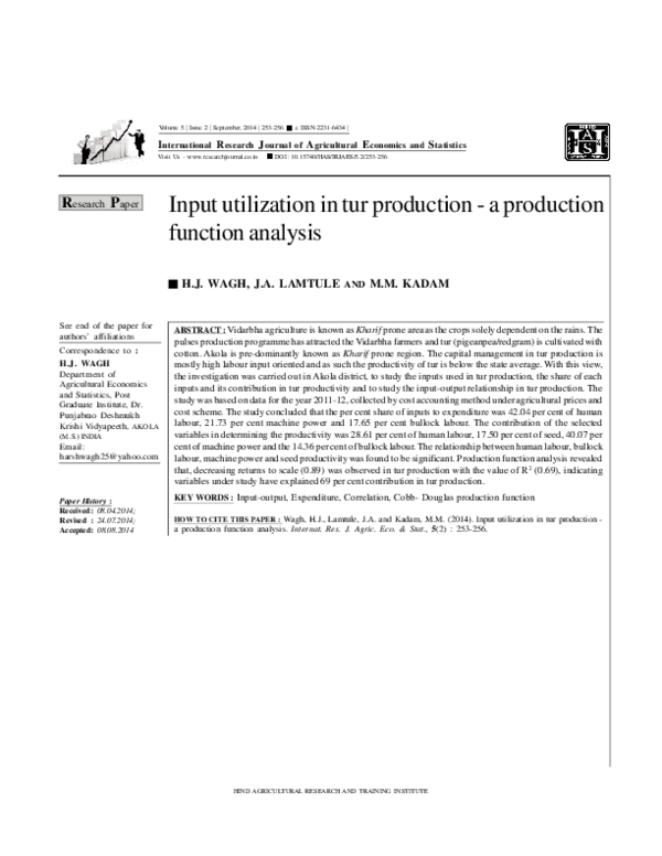 (PDF) Input utilization in tur production - a production function analysis