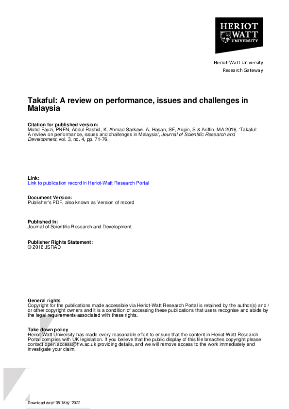 (PDF) Takaful: A review on performance, issues and challenges in Malaysia