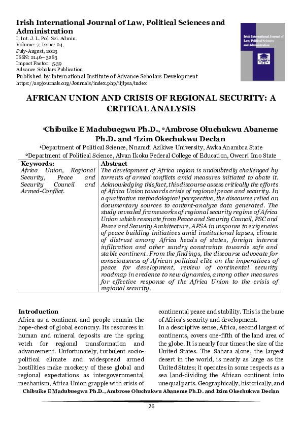 (PDF) AFRICAN UNION AND CRISIS OF REGIONAL SECURITY: A CRITICAL ANALYSIS