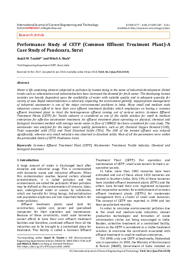 (PDF) Performance Study of CETP (Common Effluent Treatment Plant)-ACase ... (PDF) Performance Study of CETP (Common Effluent Treatment Plant)-ACase ...