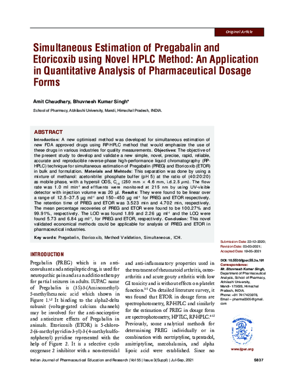 Pdf Simultaneous Estimation Of Pregabalin And Etoricoxib Using Novel Hplc Method An