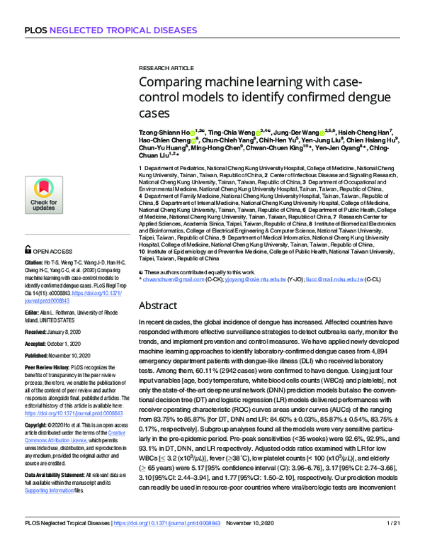 (PDF) Comparing machine learning with case-control models to identify confirmed dengue cases ...