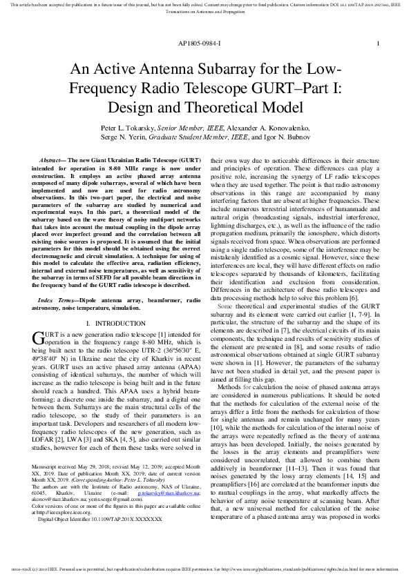 (PDF) An Active Antenna Subarray for the Low-Frequency Radio Telescope GURT—Part I: Design and ...