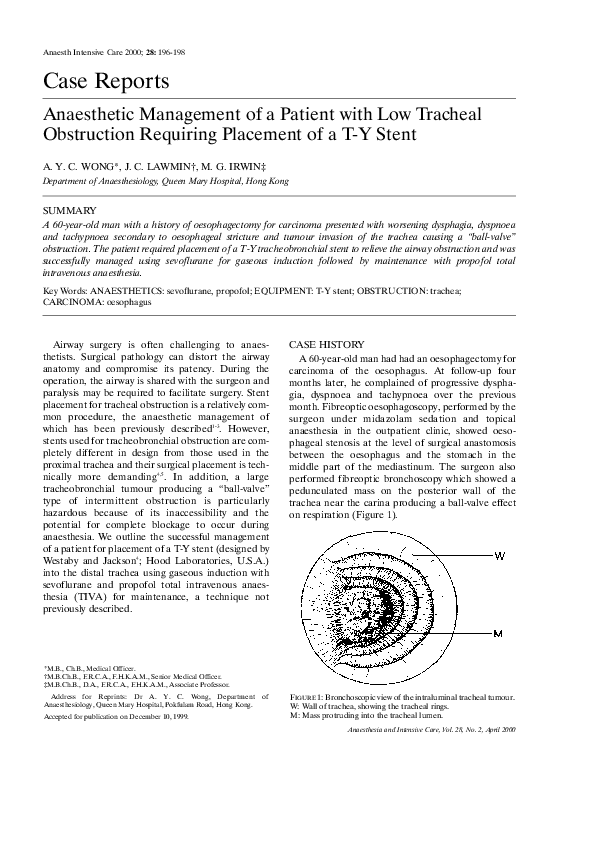 (PDF) Anaesthetic Management of a Patient with Low Tracheal Obstruction ...