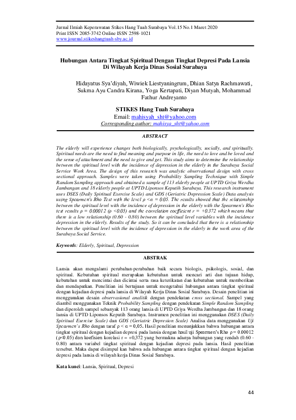 (PDF) Hubungan Antara Tingkat Spiritual Dengan Tingkat Depresi Pada Lansia Di Wilayah Kerja ...