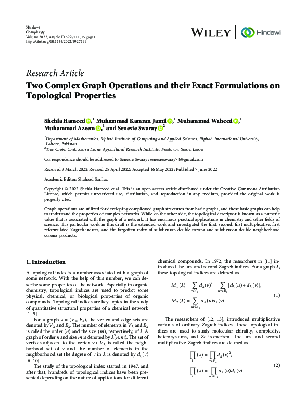 Pdf Two Complex Graph Operations And Their Exact Formulations On Topological Properties