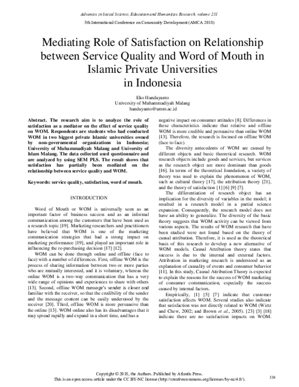(PDF) Mediating Role of Satisfaction on Relationship between Service ...