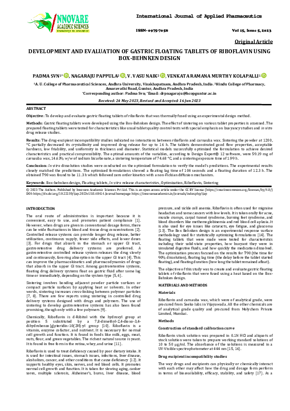 Pdf Development And Evaluation Of Gastric Floating Tablets Of Riboflavin Using Box Behnken