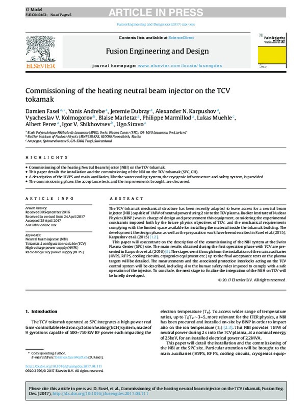 (PDF) Commissioning of the heating neutral beam injector on the TCV tokamak