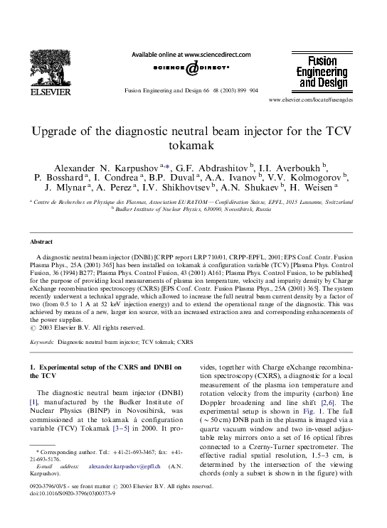 (PDF) Upgrade of the diagnostic neutral beam injector for the TCV tokamak