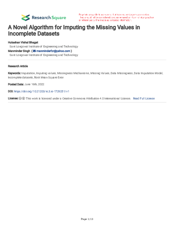 Pdf A Novel Algorithm For Imputing The Missing Values In Incomplete