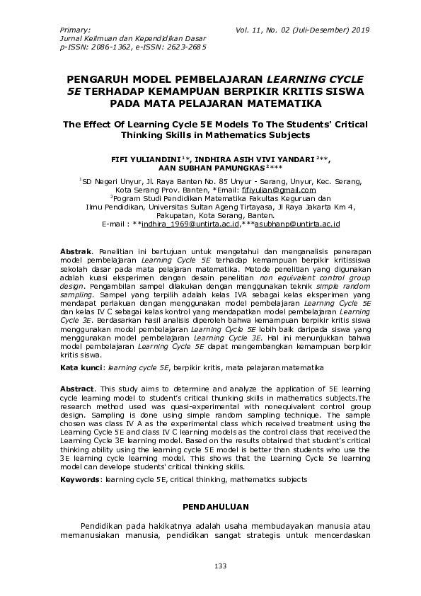 (PDF) Pengaruh Model Pembelajaran Learning Cycle 5E Terhadap Kemampuan Berpikir Kritis Siswa ...
