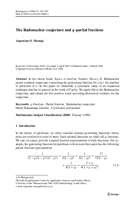 (PDF) The Rademacher conjecture and q-partial fractions