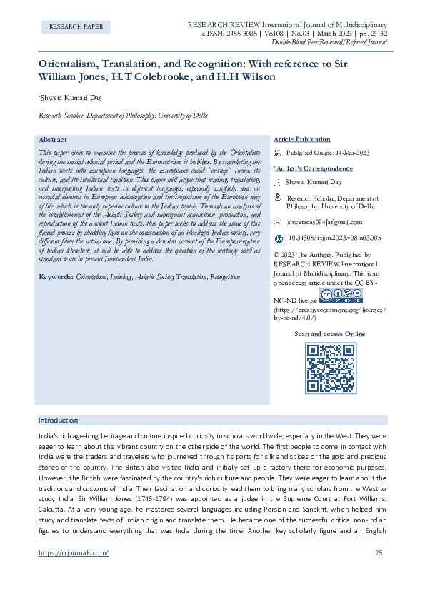 (PDF) Orientalism, Translation, and Recognition: With reference to Sir ...