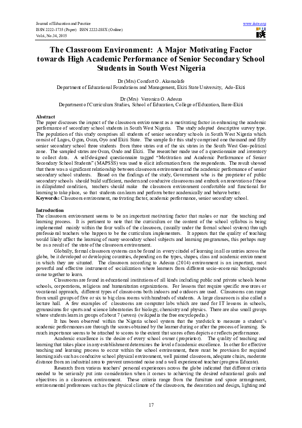 (PDF) The Classroom Environment: A Major Motivating Factor towards High ...