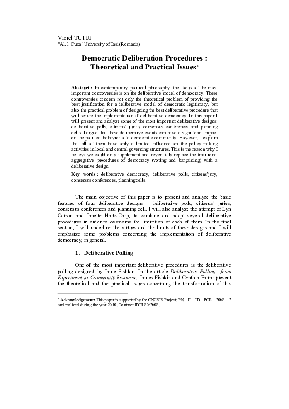 (PDF) Democratic Deliberation Procedures: Theoretical and Practical Issues
