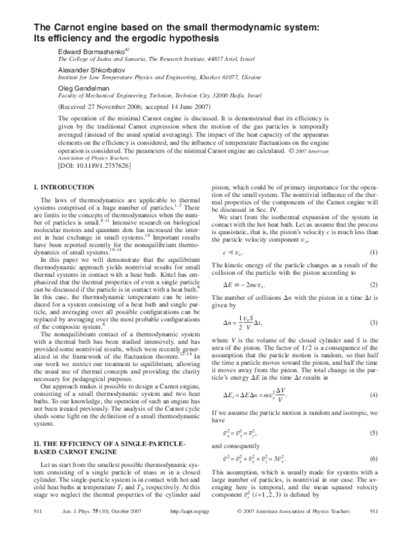 (PDF) The Carnot engine based on the small thermodynamic system: Its efficiency and the ergodic ...