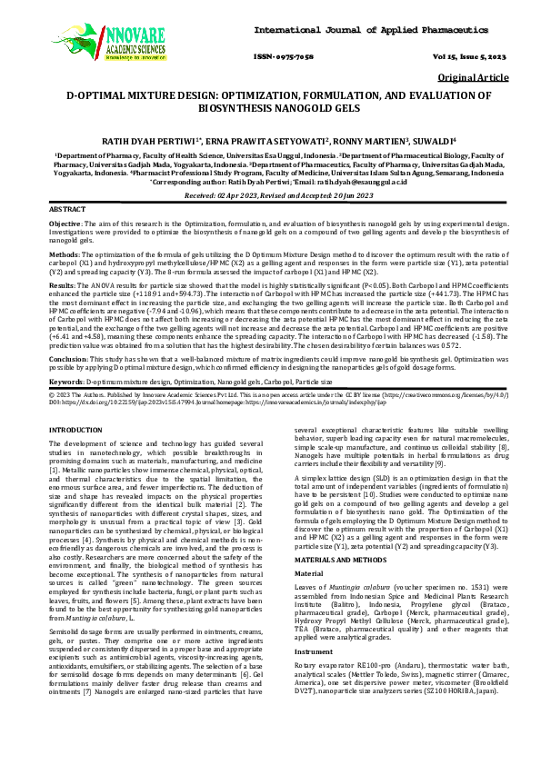(PDF) D-OPTIMAL MIXTURE DESIGN: OPTIMIZATION, FORMULATION, AND ...
