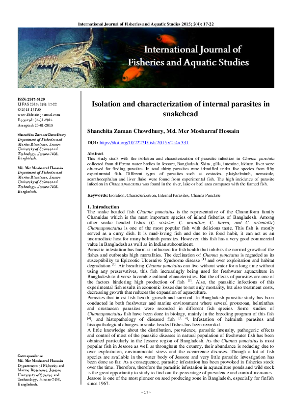 (PDF) Isolation and characterization of internal parasites in snakehead