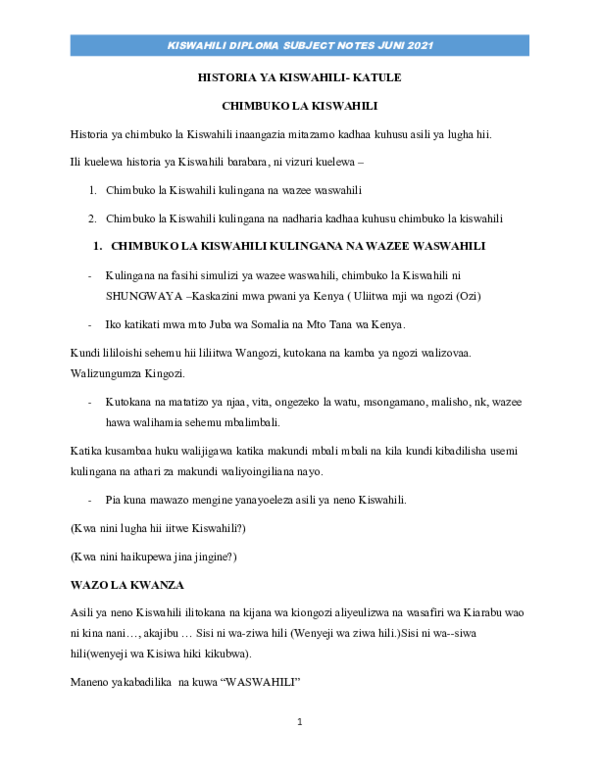 (DOC) HISTORIA YA KISWAHILI-KATULE