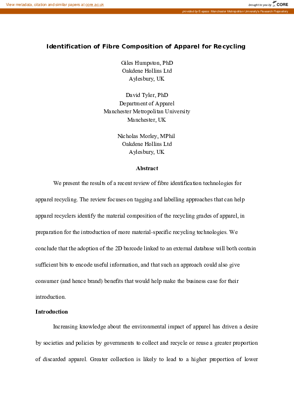 (PDF) Identification of fibre composition of apparel for recycling