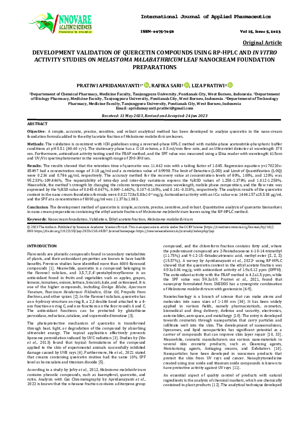 (PDF) DEVELOPMENT VALIDATION OF QUERCETIN COMPOUNDS USING RP-HPLC AND IN VITRO ACTIVITY STUDIES ...