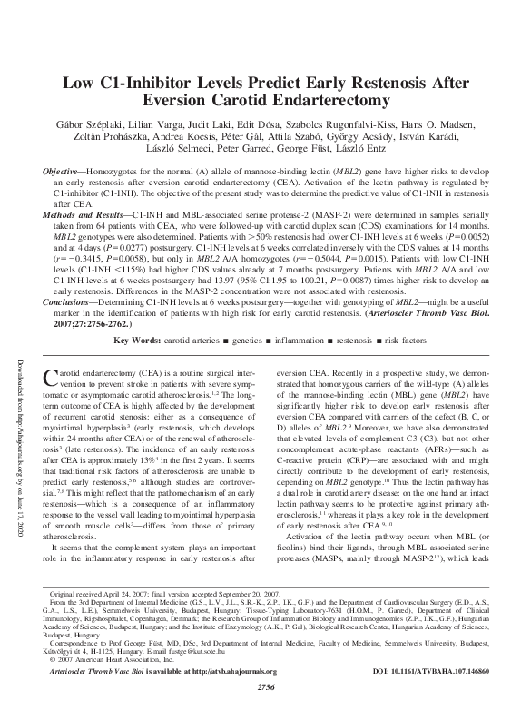(PDF) Low C1-Inhibitor Levels Predict Early Restenosis After Eversion ...