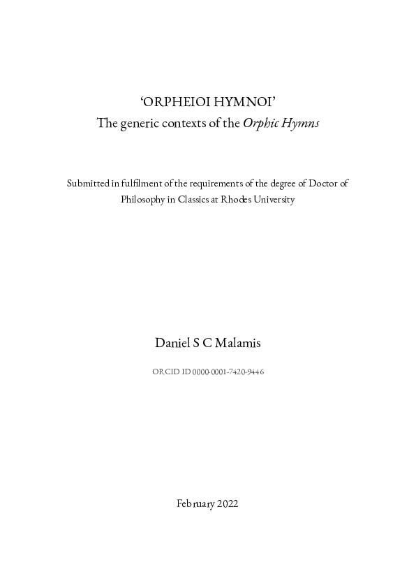 (PDF) ORPHEIOI HYMNOI' The generic contexts of the Orphic Hymns