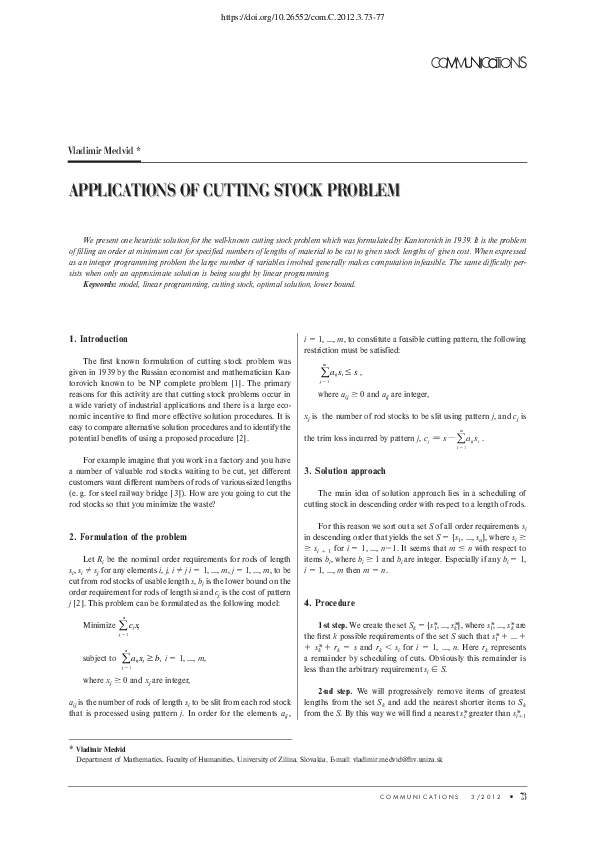 (PDF) Applications of Cutting Stock Problem