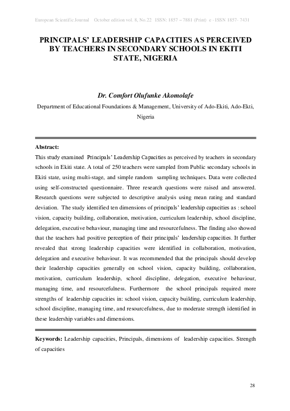 (PDF) Principals’ Leadership Capacities as Perceived by Teachers in Secondary Schools in Ekiti ...