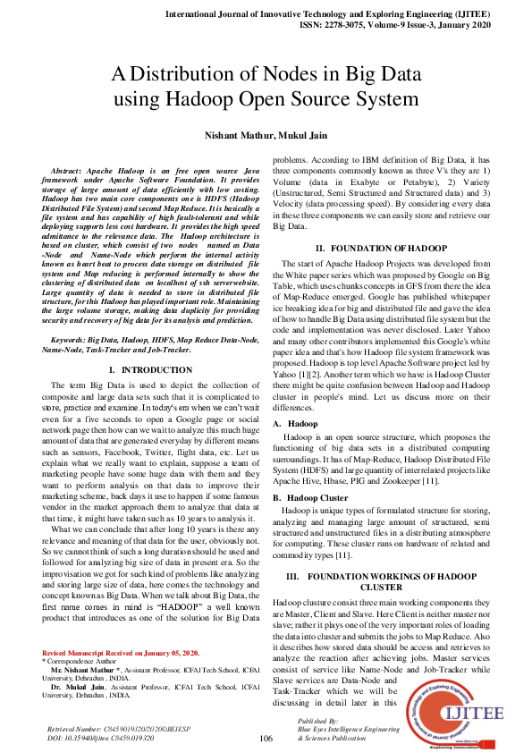 Pdf A Distribution Of Nodes In Big Data Using Hadoop Open Source System Dr Nishant Mathur