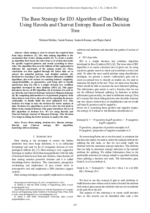 (PDF) The Base Strategy for ID3 Algorithm of Data MiningUsing Havrda and Charvat Entropy Based ...